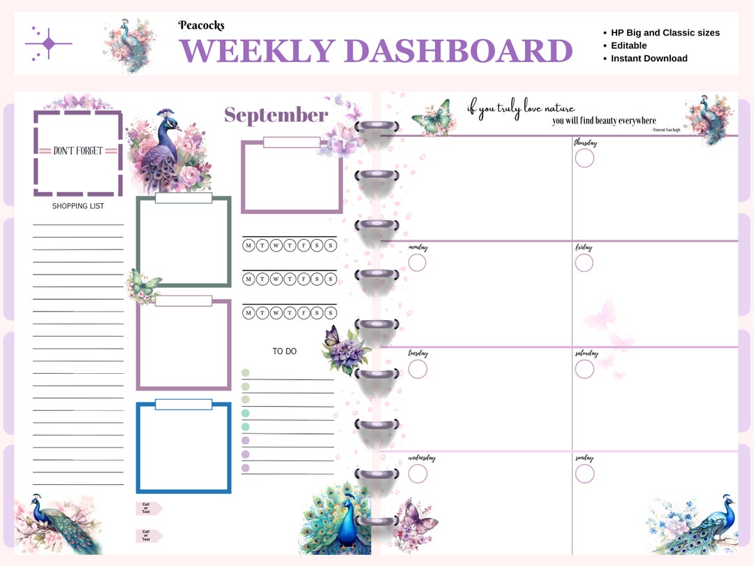 Peacocks Weekly Planner Insert 2 Page Dashboard Layout for - Etsy