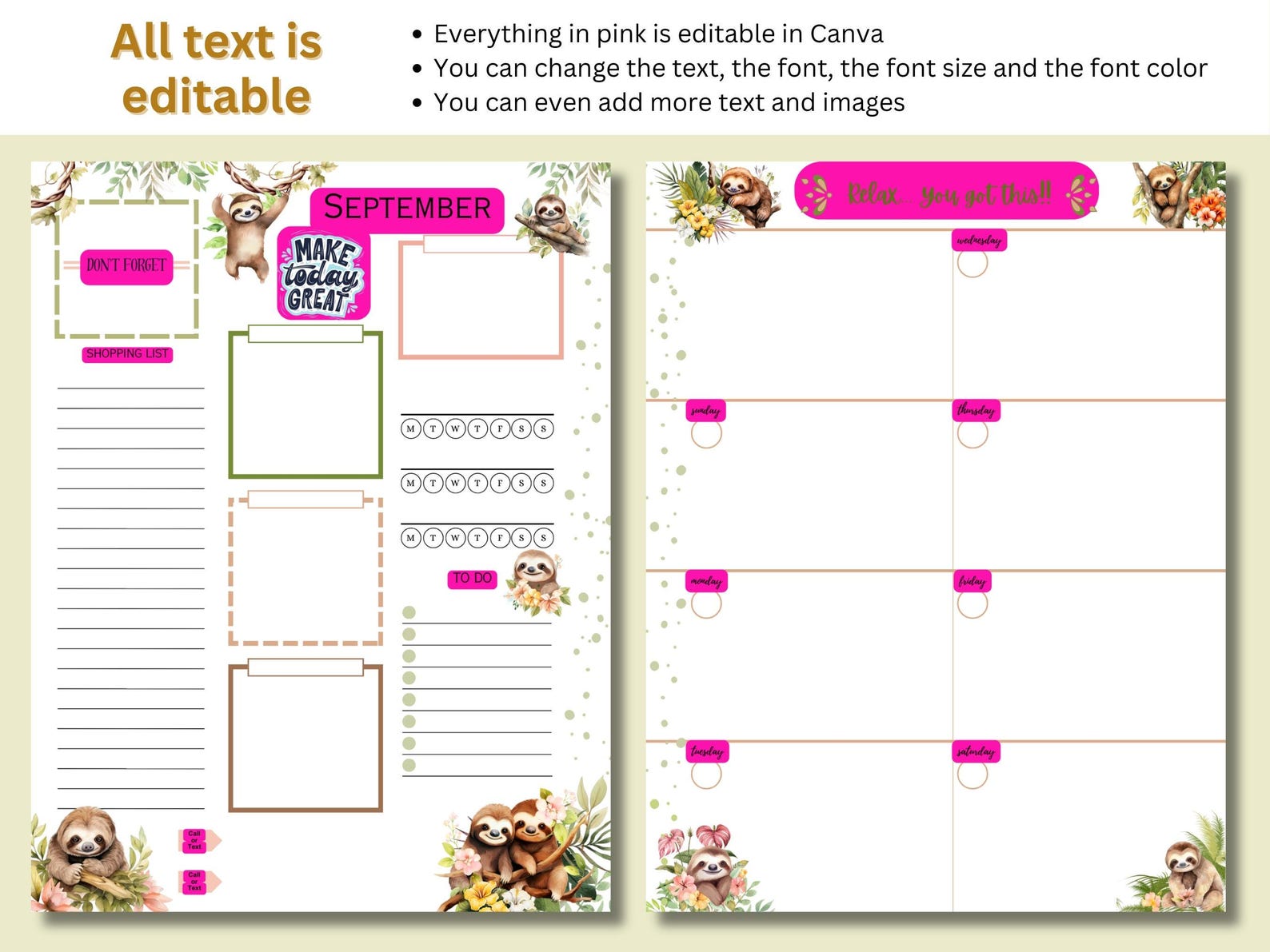 Sloths Weekly Planner Insert; 2 Page Dashboard Layout for HP Classic ...