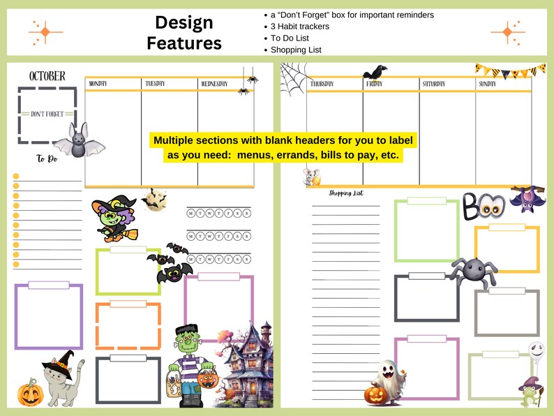 Cute Halloween Weekly Planner Insert, 2 Page Vertical Layout, Happy ...