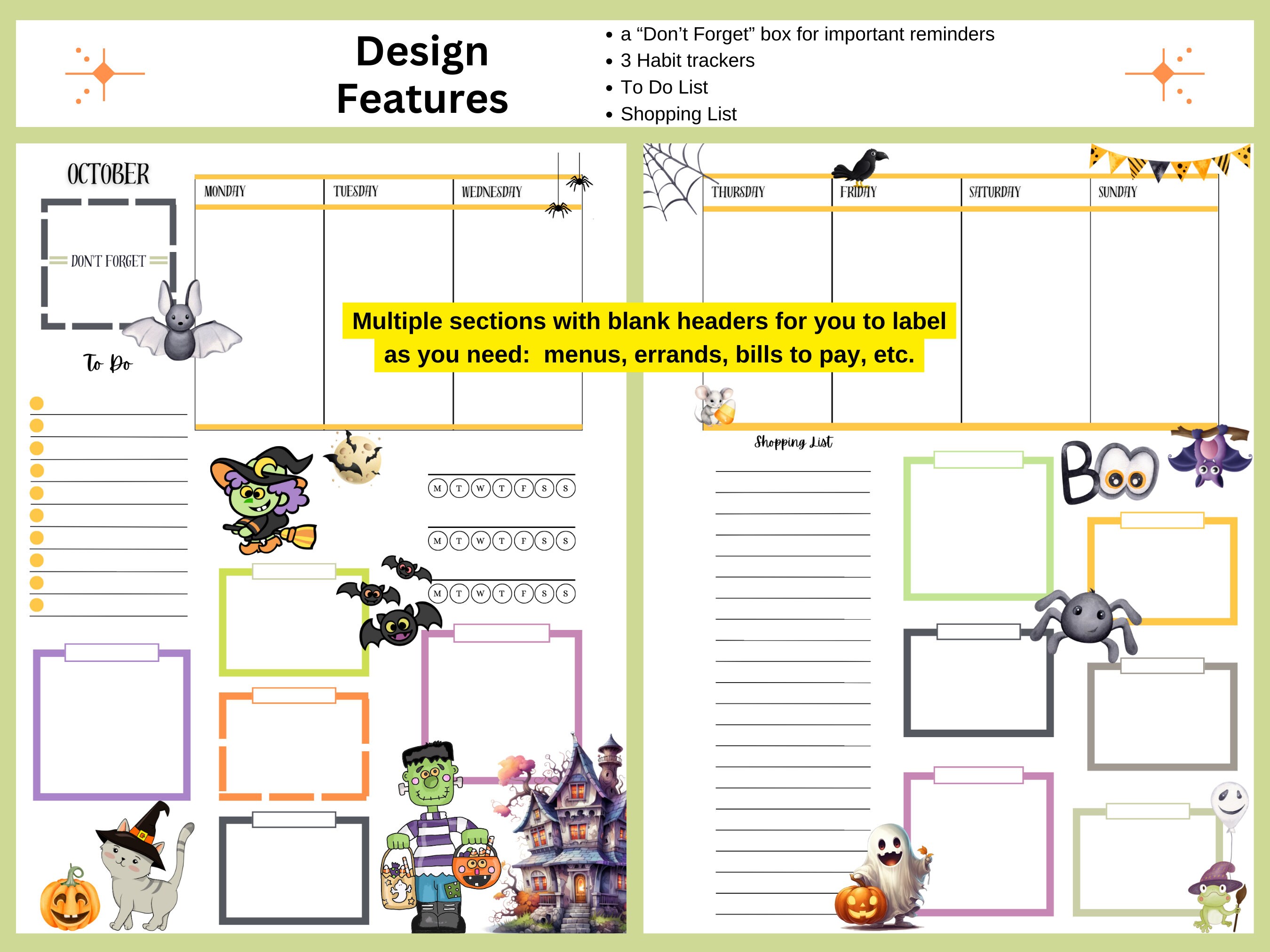 Cute Halloween Weekly Planner Insert 2 Page Vertical Layout - Etsy