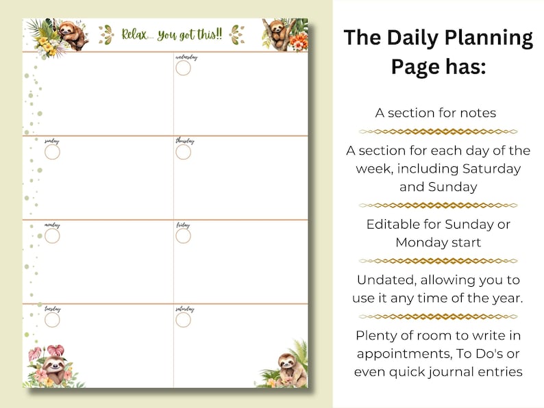Sloths Weekly Planner Insert; 2 Page Dashboard Layout for HP Classic ...