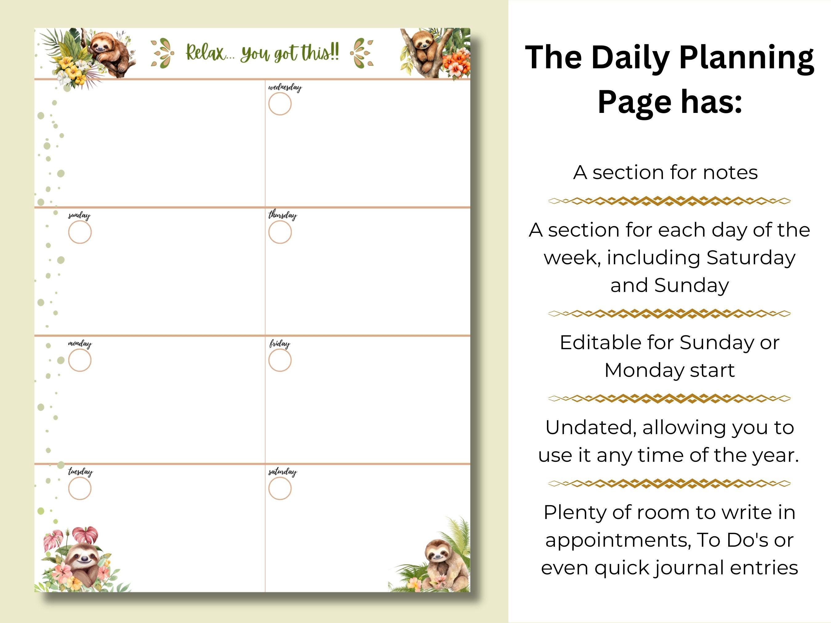 Sloths Weekly Planner Insert; 2 Page Dashboard Layout for HP Classic ...