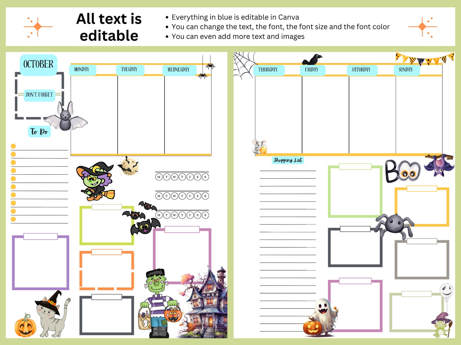 Cute Halloween Weekly Planner Insert, 2 Page Vertical Layout, Happy ...