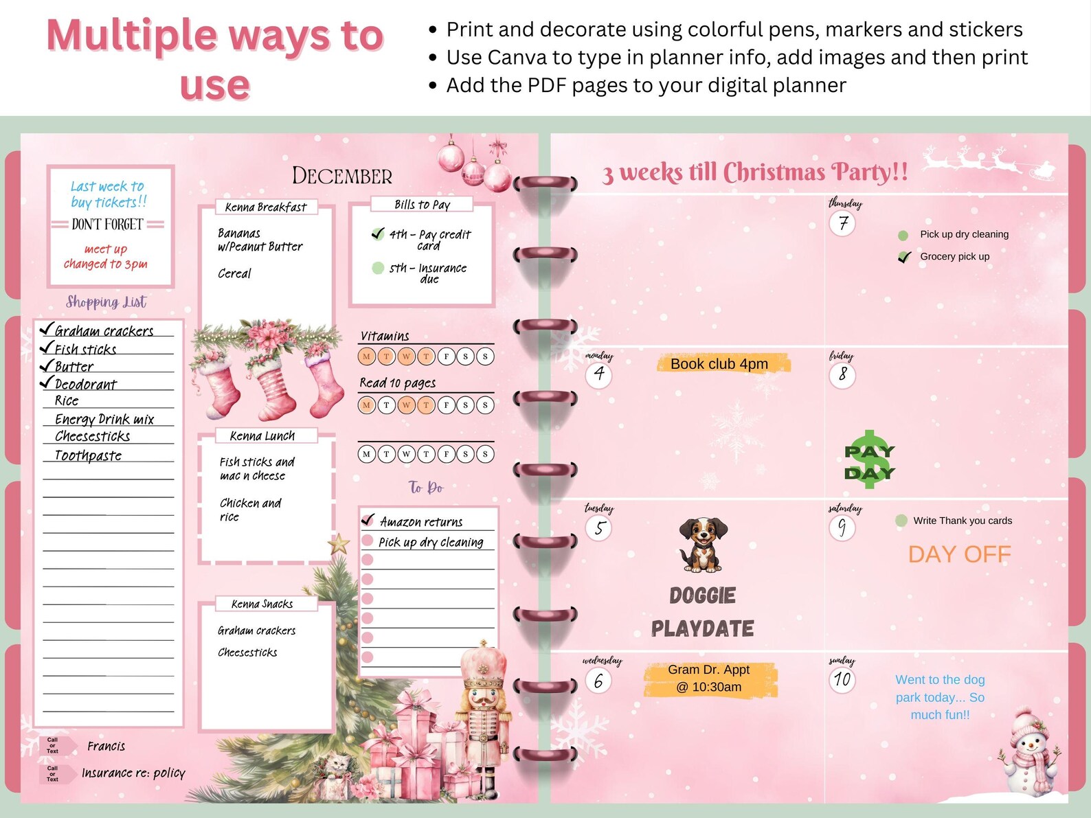 Pink Christmas Weekly Planner Insert 2 Page Dashboard Layout for HP ...