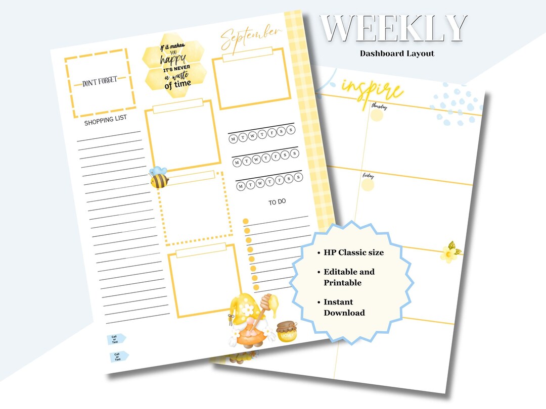 Bee Gnomes Weekly Planner Insert; 2 Page Dashboard Layout for HP ...