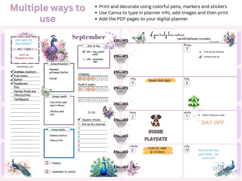 Peacocks Weekly Planner Insert 2 Page Dashboard Layout for A5 and HP ...