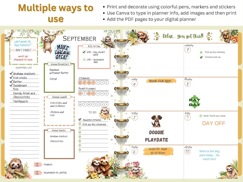 Sloths Weekly Planner Insert; 2 Page Dashboard Layout for HP Classic ...