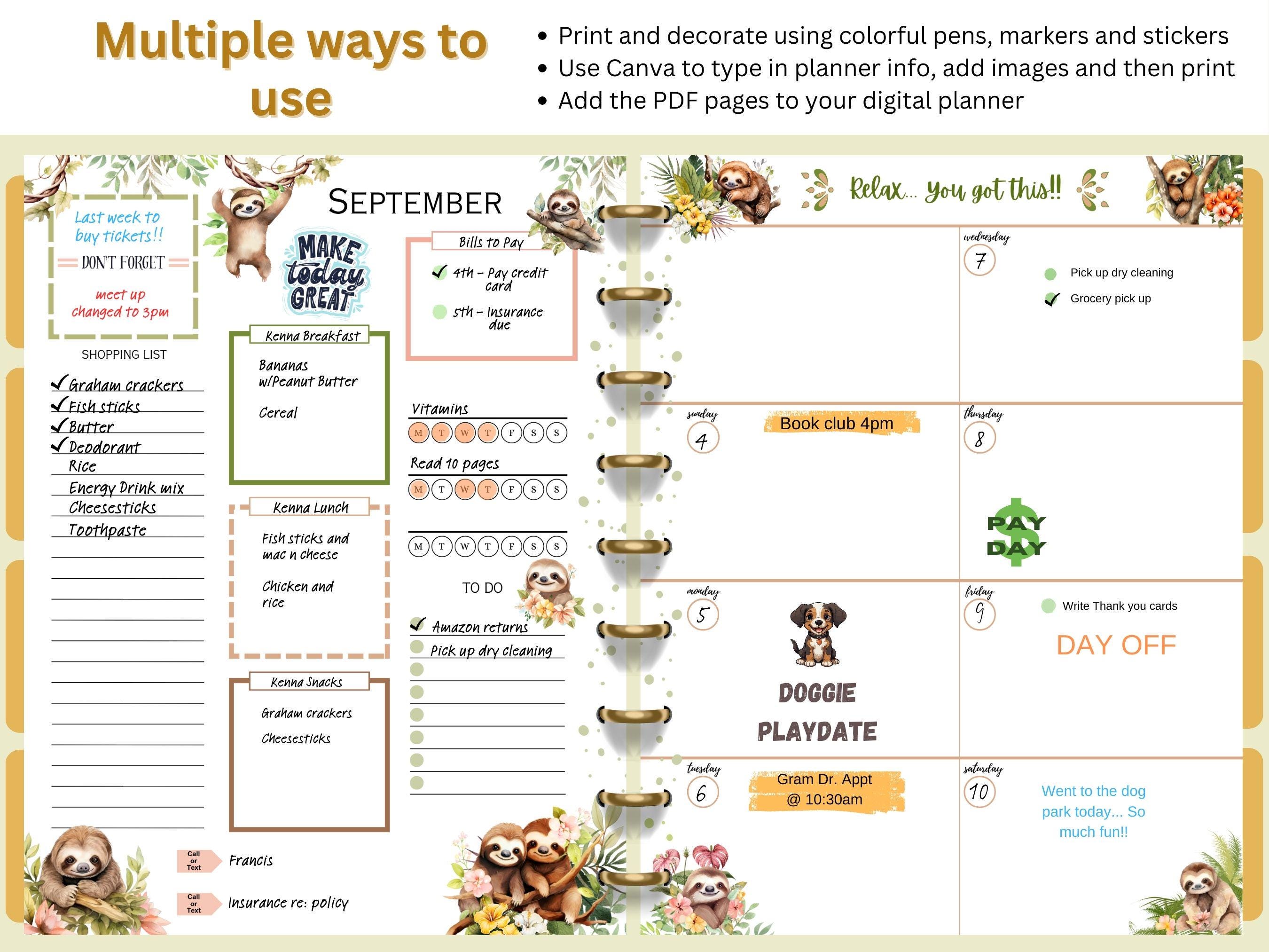 Sloths Weekly Planner Insert; 2 Page Dashboard Layout for HP Classic ...