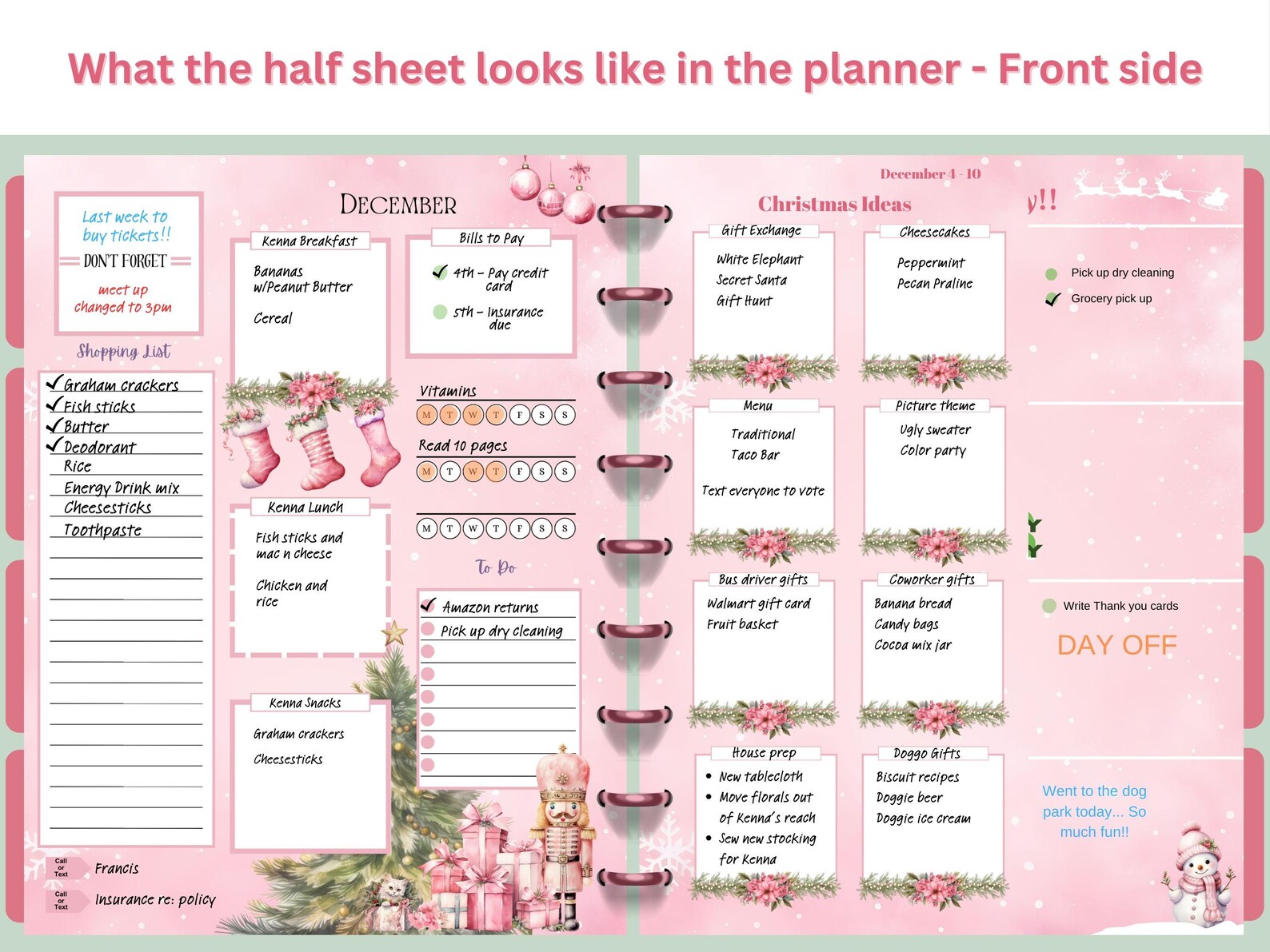 Pink Christmas Weekly Planner Insert 2 Page Dashboard Layout for HP ...