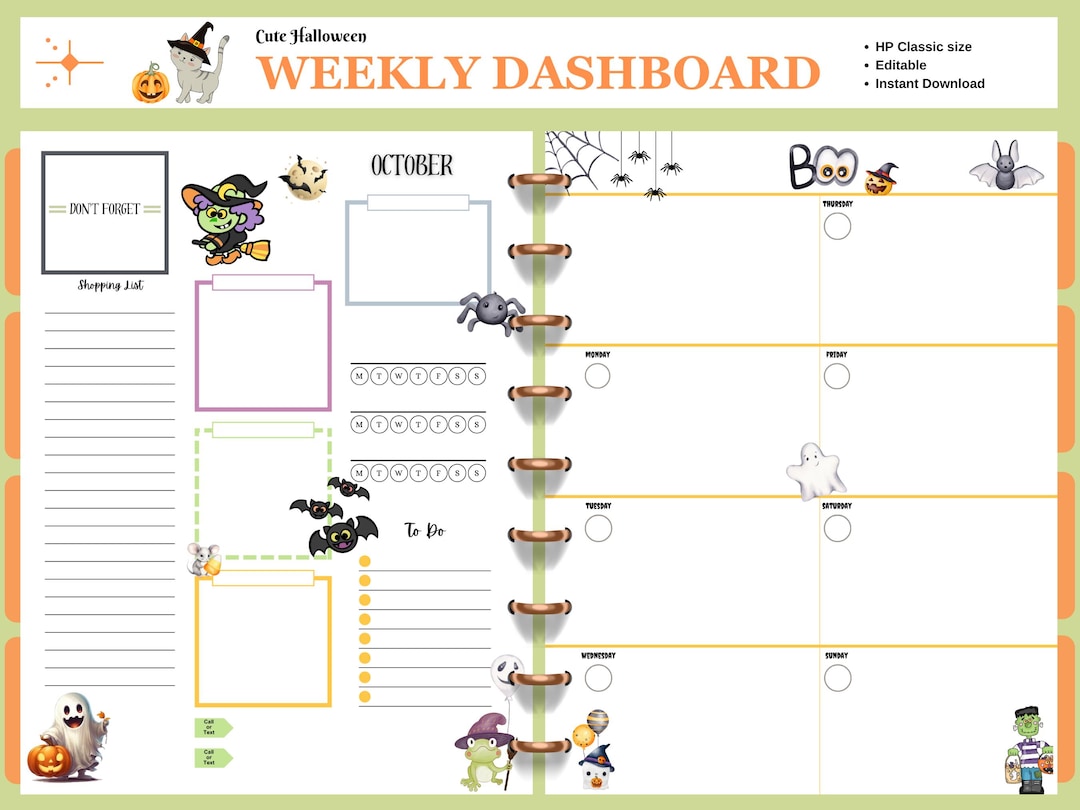 Cute Halloween Weekly Planner Insert, 2 Page Dashboard Layout, Happy ...