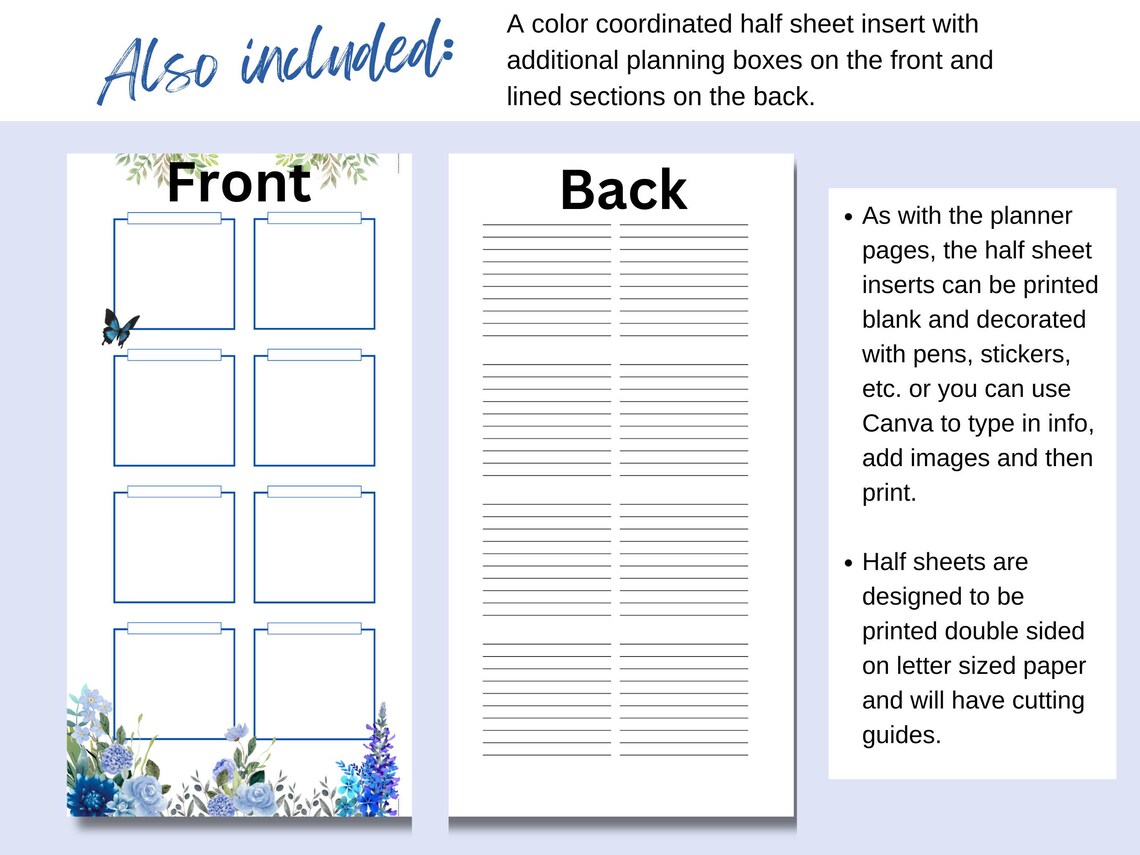Blue Flowers Weekly Planner Insert; 2 Page Dashboard Layout for HP ...