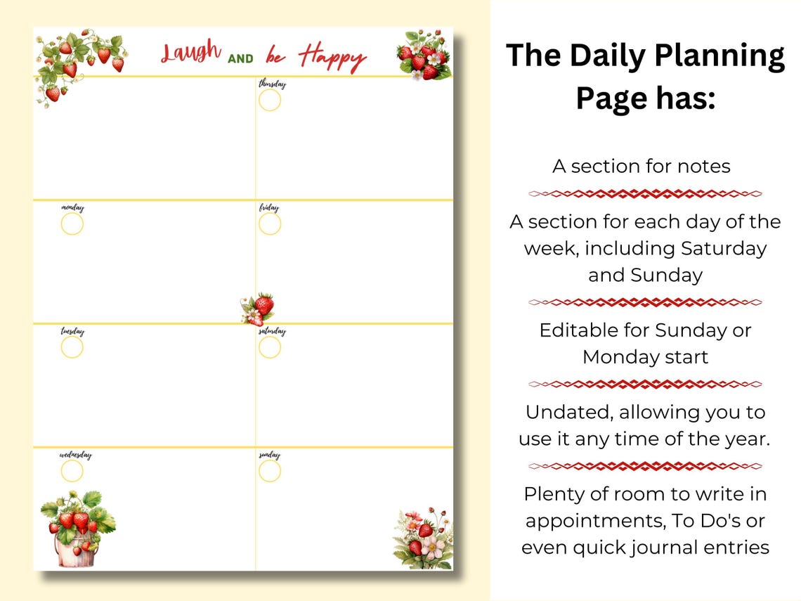 Strawberries Weekly Planner Insert 2 Page Dashboard Layout for A5 and ...