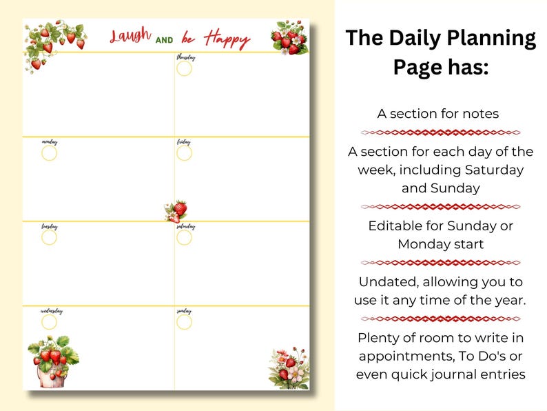 Strawberries Weekly Planner Insert; 2 Page Dashboard Layout for HP ...