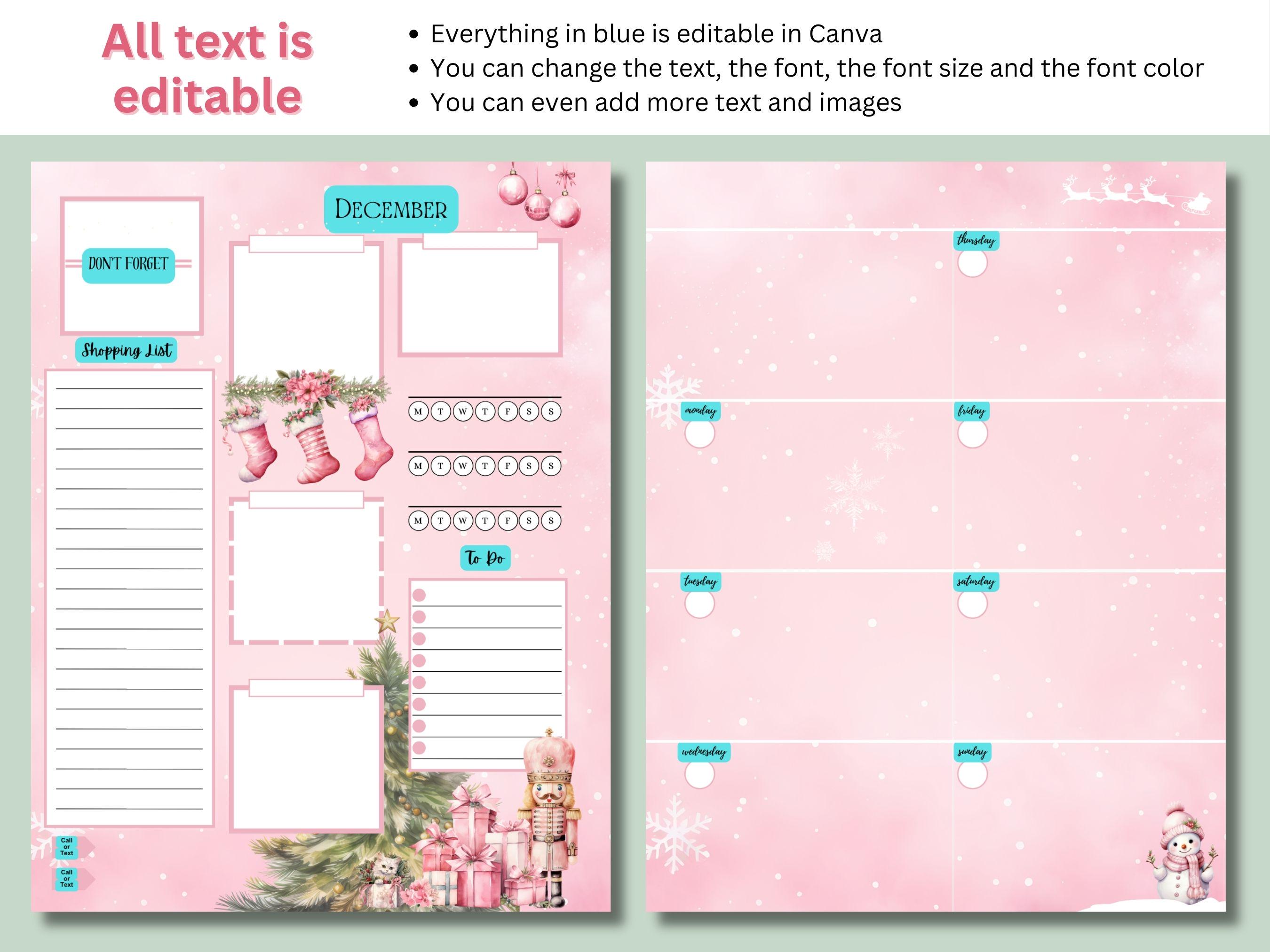 Pink Christmas Weekly Planner Insert 2 Page Dashboard Layout for HP ...