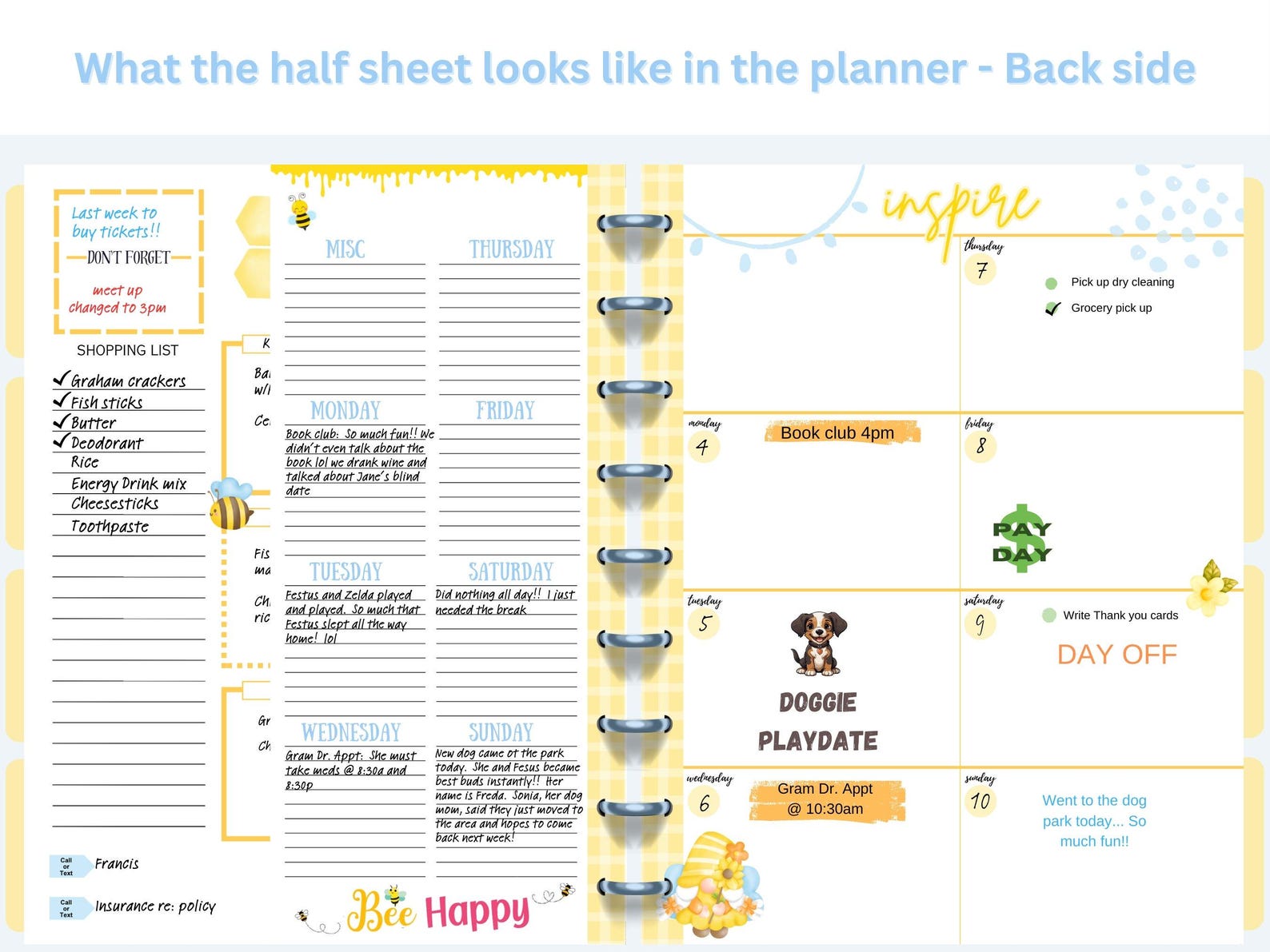Bee Gnomes Weekly Planner Insert; 2 Page Dashboard Layout for HP ...