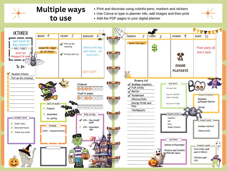 Cute Halloween Weekly Planner Insert, 2 Page Vertical Layout, Happy ...