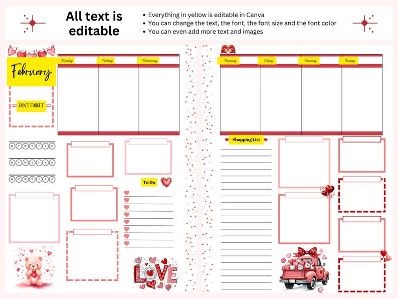 Valentine's Day Weekly Planner Insert; 2 Page Vertical Layout; Happy ...