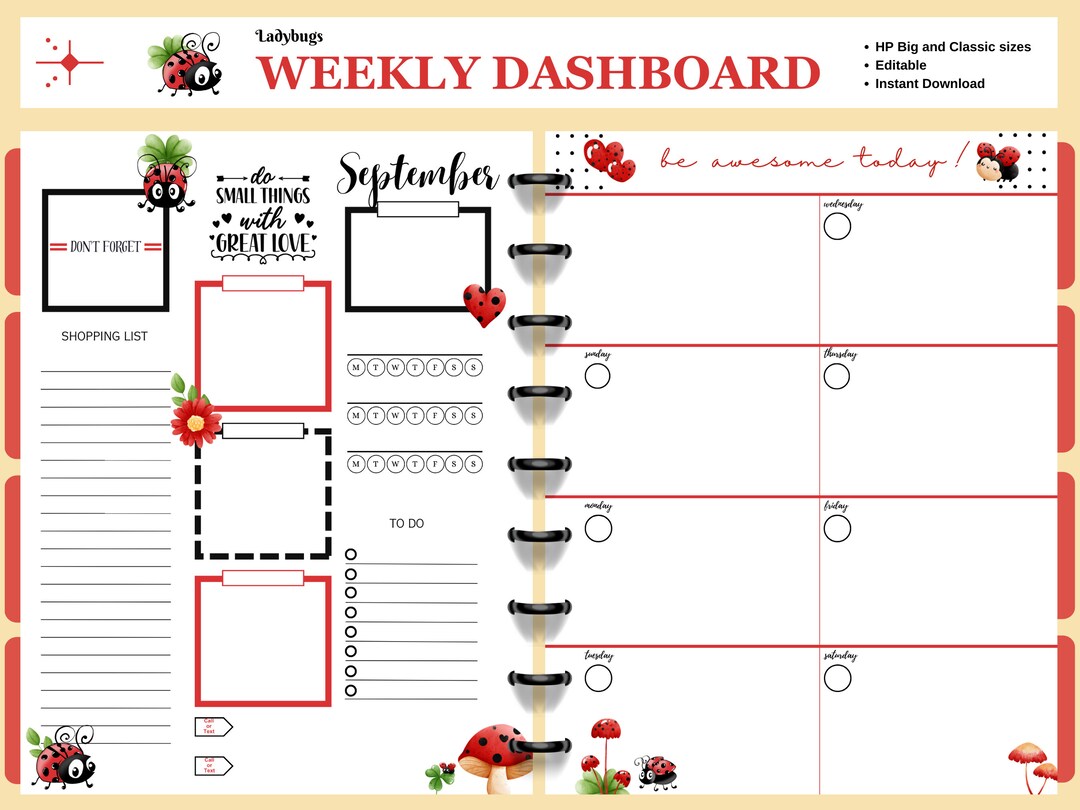 Ladybugs Weekly Planner Insert 2 Page Dashboard Layout for - Etsy