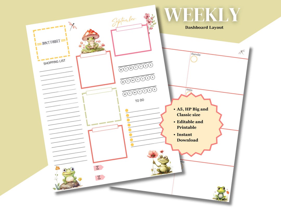 Frogs Weekly Planner Insert; 2 Page Dashboard Layout for HP Big and ...