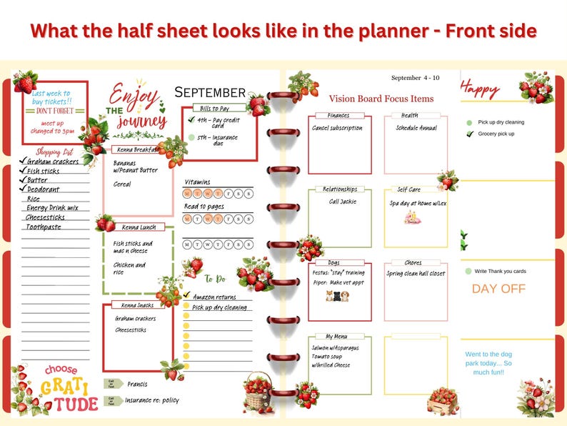 Strawberries Weekly Planner Insert; 2 Page Dashboard Layout for HP ...