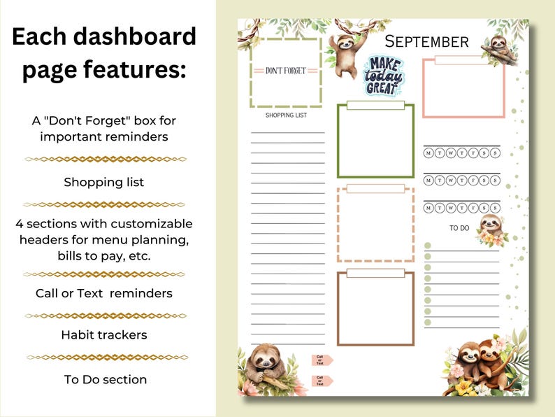 Sloths Weekly Planner Insert; 2 Page Dashboard Layout for HP Classic ...