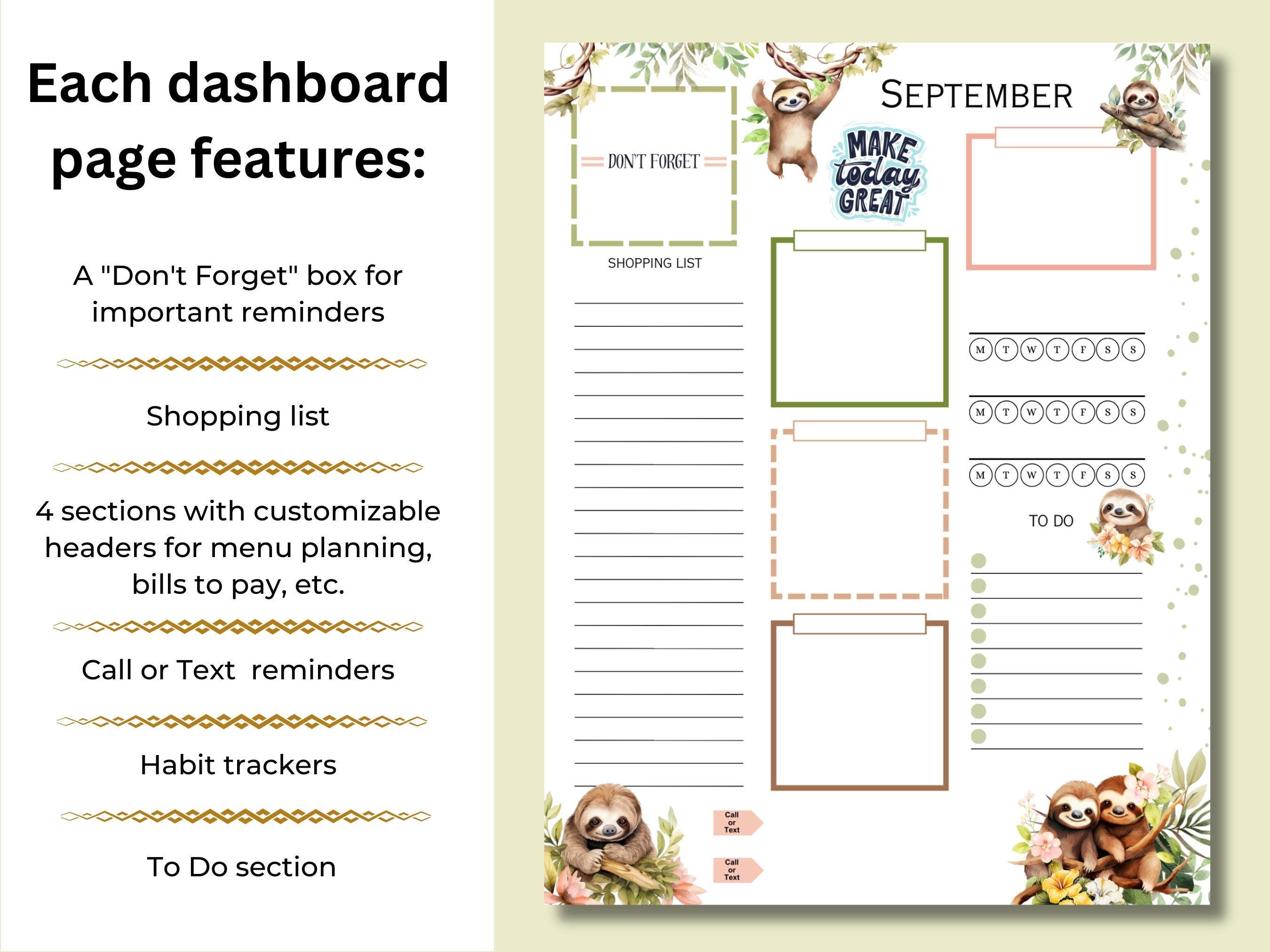 Sloths Weekly Planner Insert; 2 Page Dashboard Layout for HP Classic ...