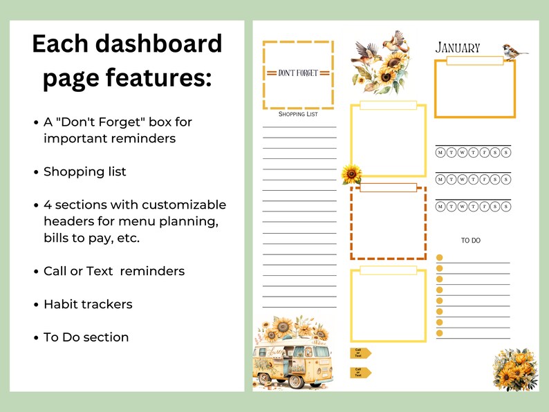 Sunflowers Weekly Planner Insert; 2 Page Dashboard Layout for A5 and HP ...