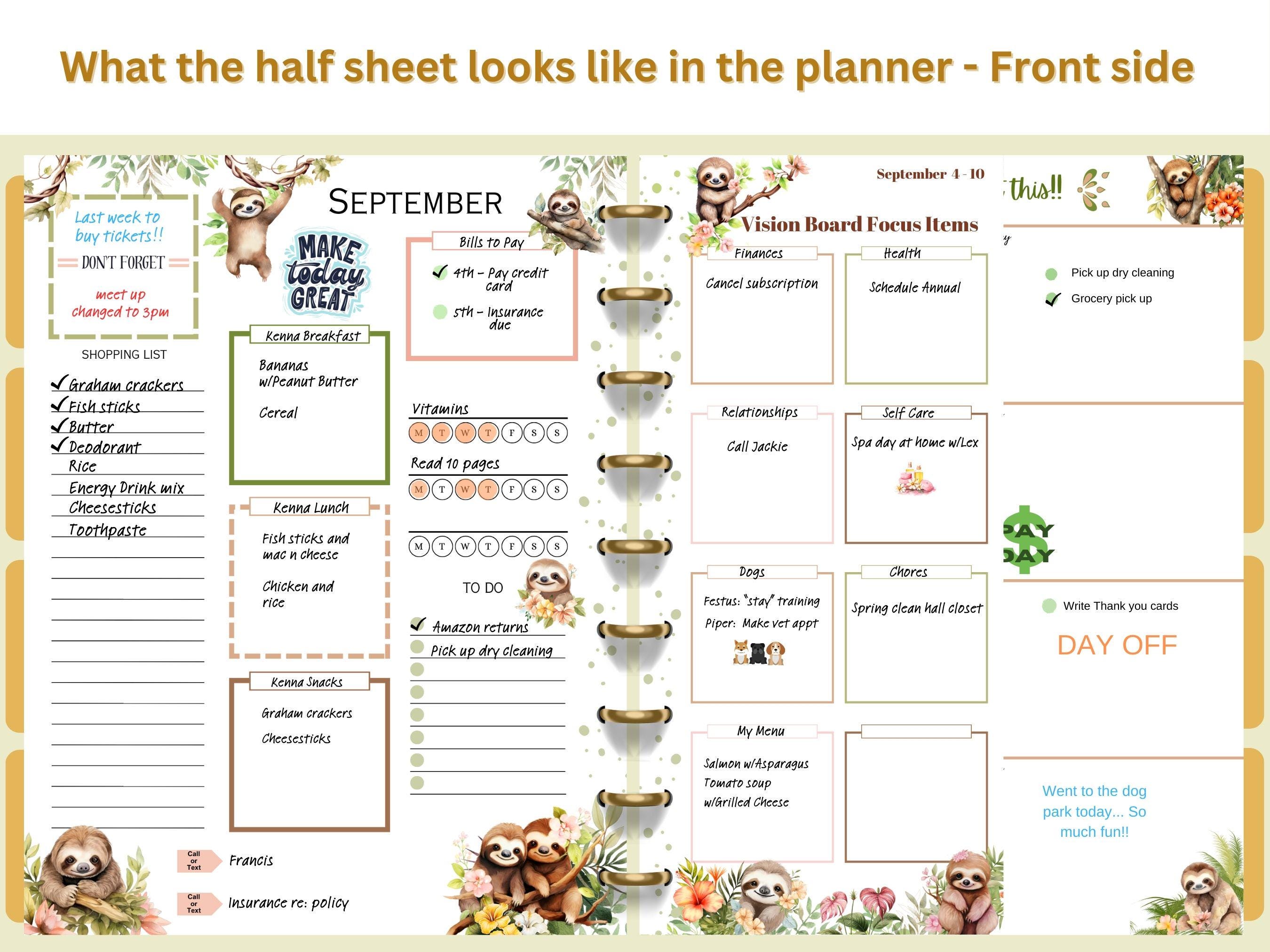 Sloths Weekly Planner Insert; 2 Page Dashboard Layout for HP Classic ...