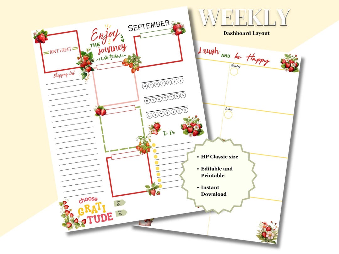Strawberries Weekly Planner Insert; 2 Page Dashboard Layout for HP ...