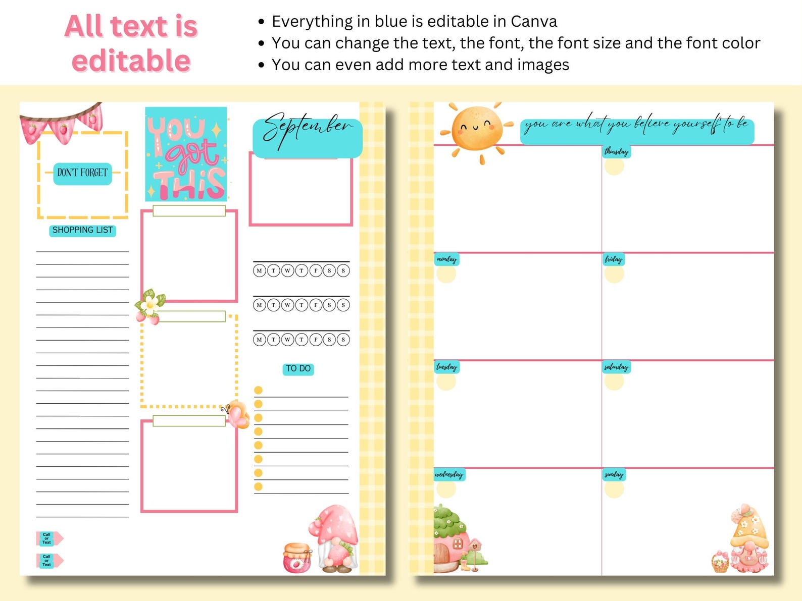 Strawberry Gnomes Weekly Planner Insert; 2 Page Dashboard Layout for HP ...