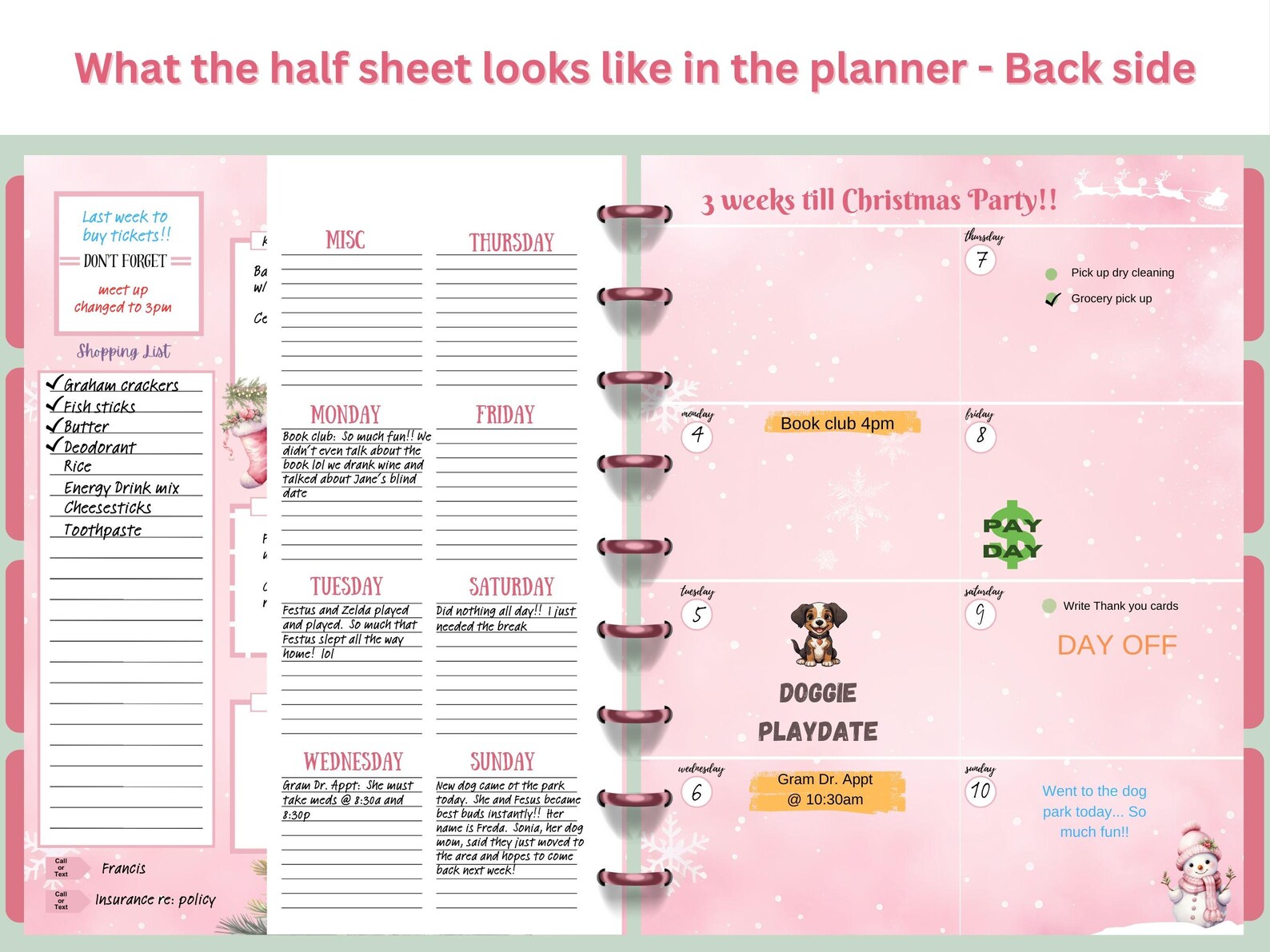 Pink Christmas Weekly Planner Insert 2 Page Dashboard Layout for HP ...