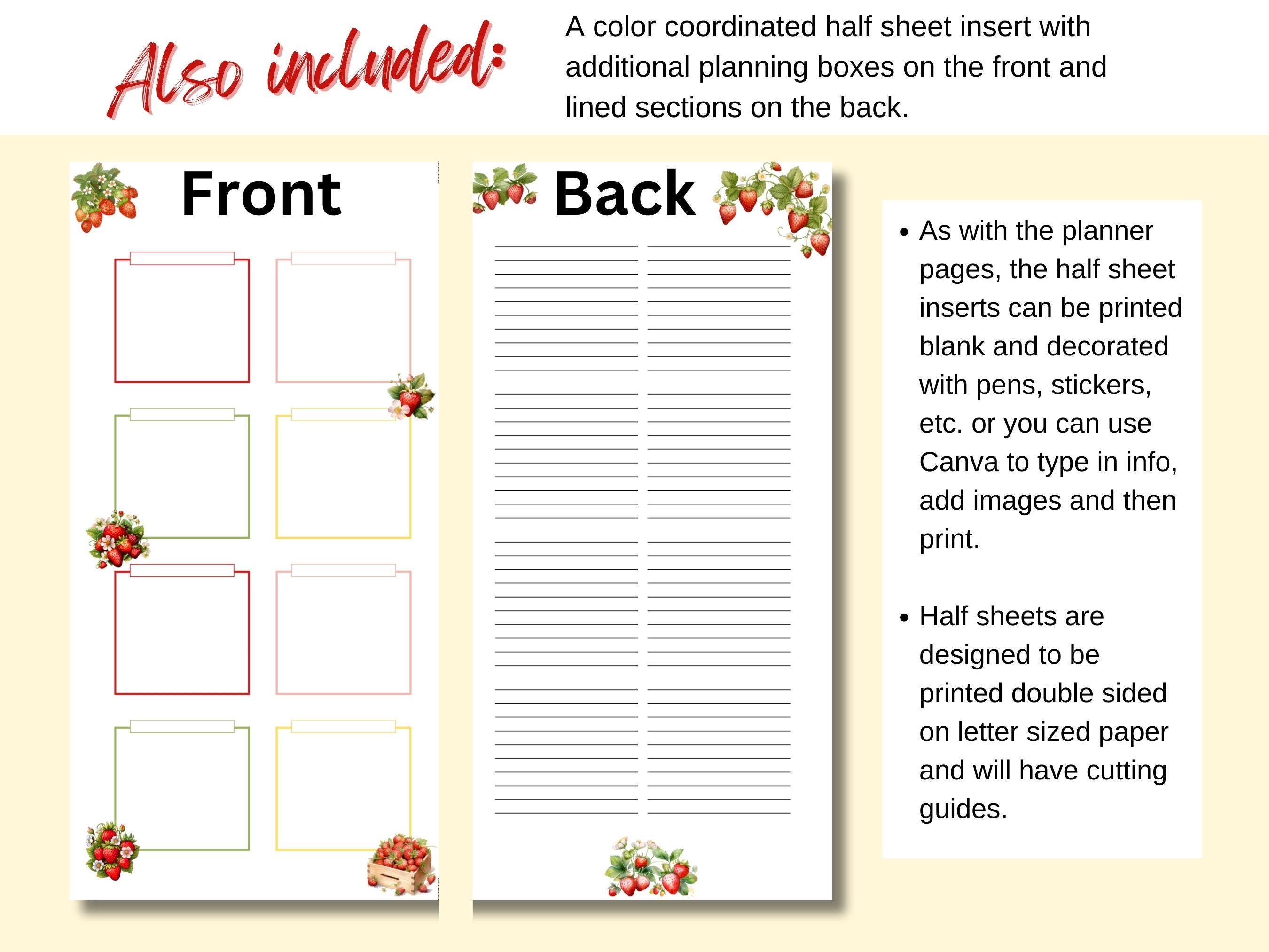 Strawberries Weekly Planner Insert; 2 Page Dashboard Layout for HP ...