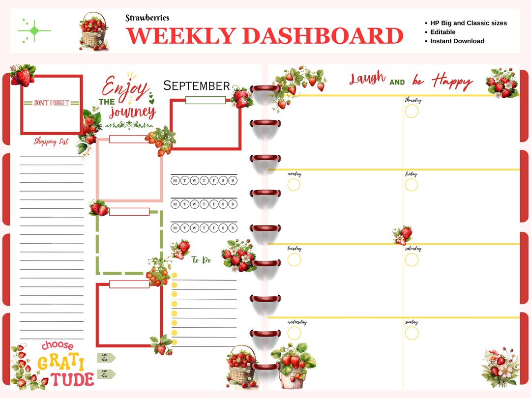 Strawberries Weekly Planner Insert 2 Page Dashboard Layout - Etsy