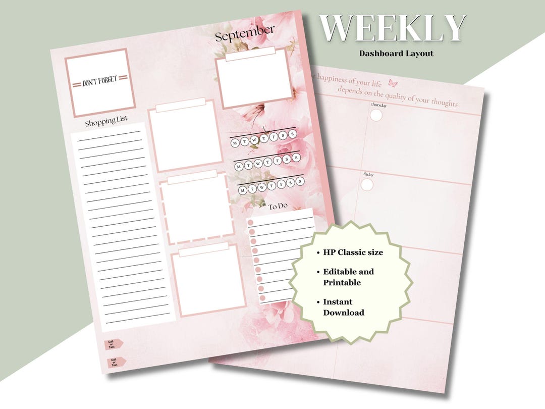 Pink Florals Weekly Planner Insert; 2 Page Dashboard Layout for HP ...