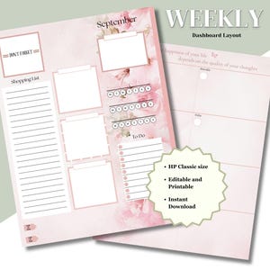 Pink Florals Weekly Planner Insert; 2 Page Dashboard Layout for HP ...