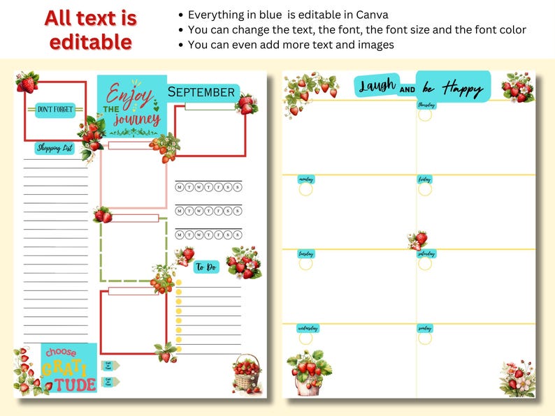 Strawberries Weekly Planner Insert; 2 Page Dashboard Layout for HP ...