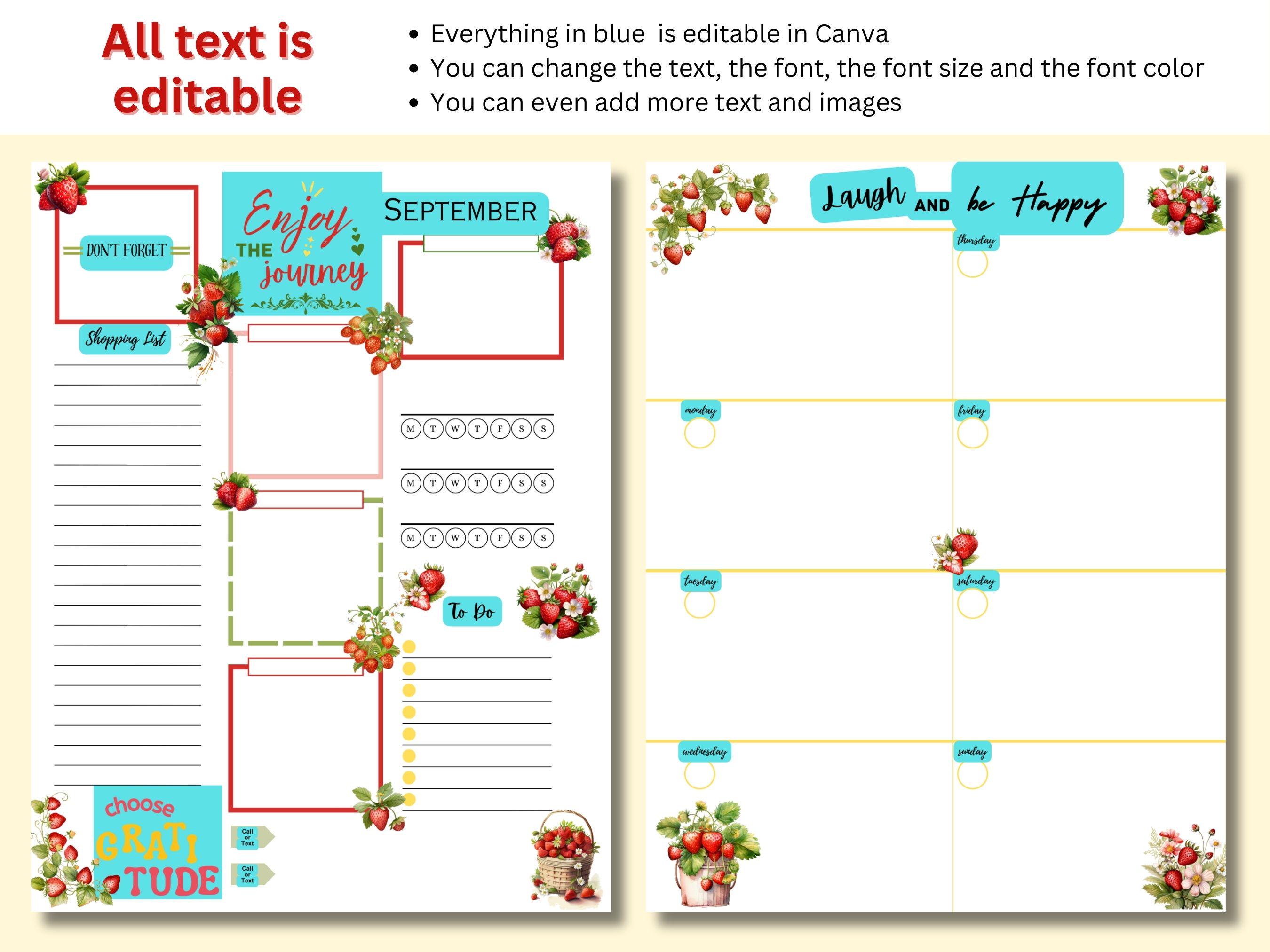Strawberries Weekly Planner Insert; 2 Page Dashboard Layout for HP ...