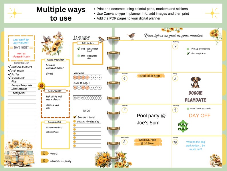 Sunflowers Weekly Planner Insert; 2 Page Dashboard Layout for A5 and HP ...