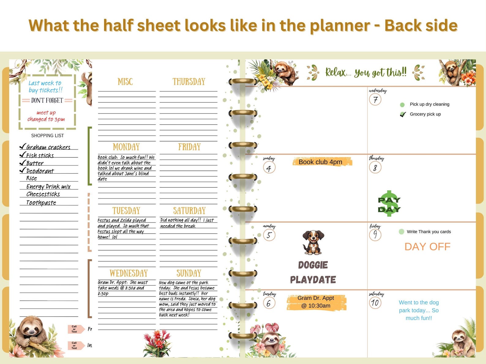 Sloths Weekly Planner Insert; 2 Page Dashboard Layout for HP Classic ...