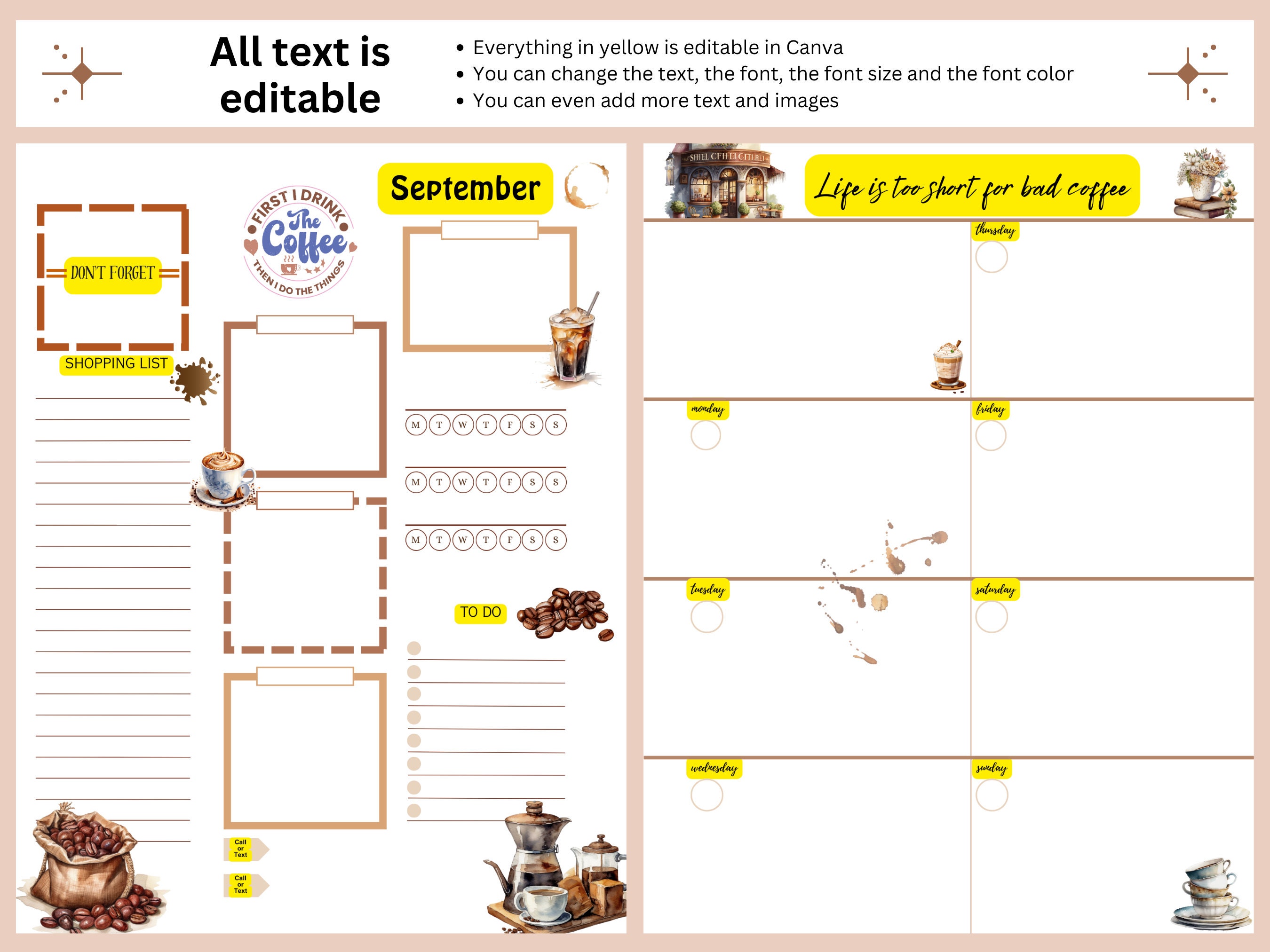 Coffee Weekly Planner Insert, 2 Page Dashboard Layout for Happy Planner ...