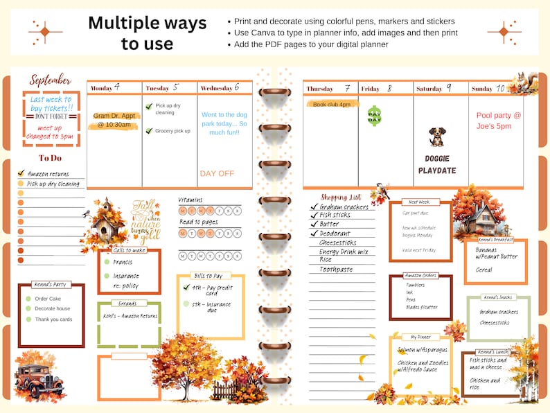 Autumn Leaves Weekly Planner Insert, 2 Page Vertical Layout for Happy ...