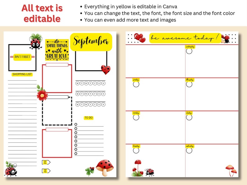 Ladybugs Weekly Planner Insert; 2 Page Dashboard Layout for HP Classic ...