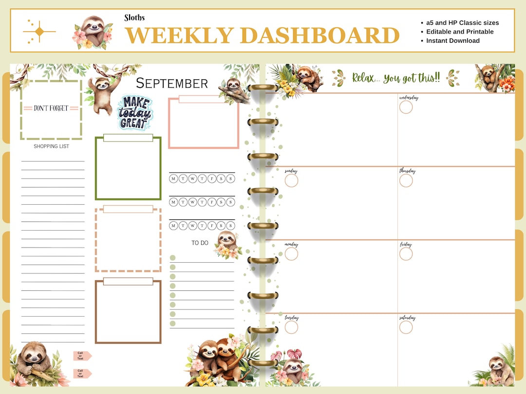 Sloths Weekly Planner Insert 2 Page Dashboard Layout for A5 and HP ...