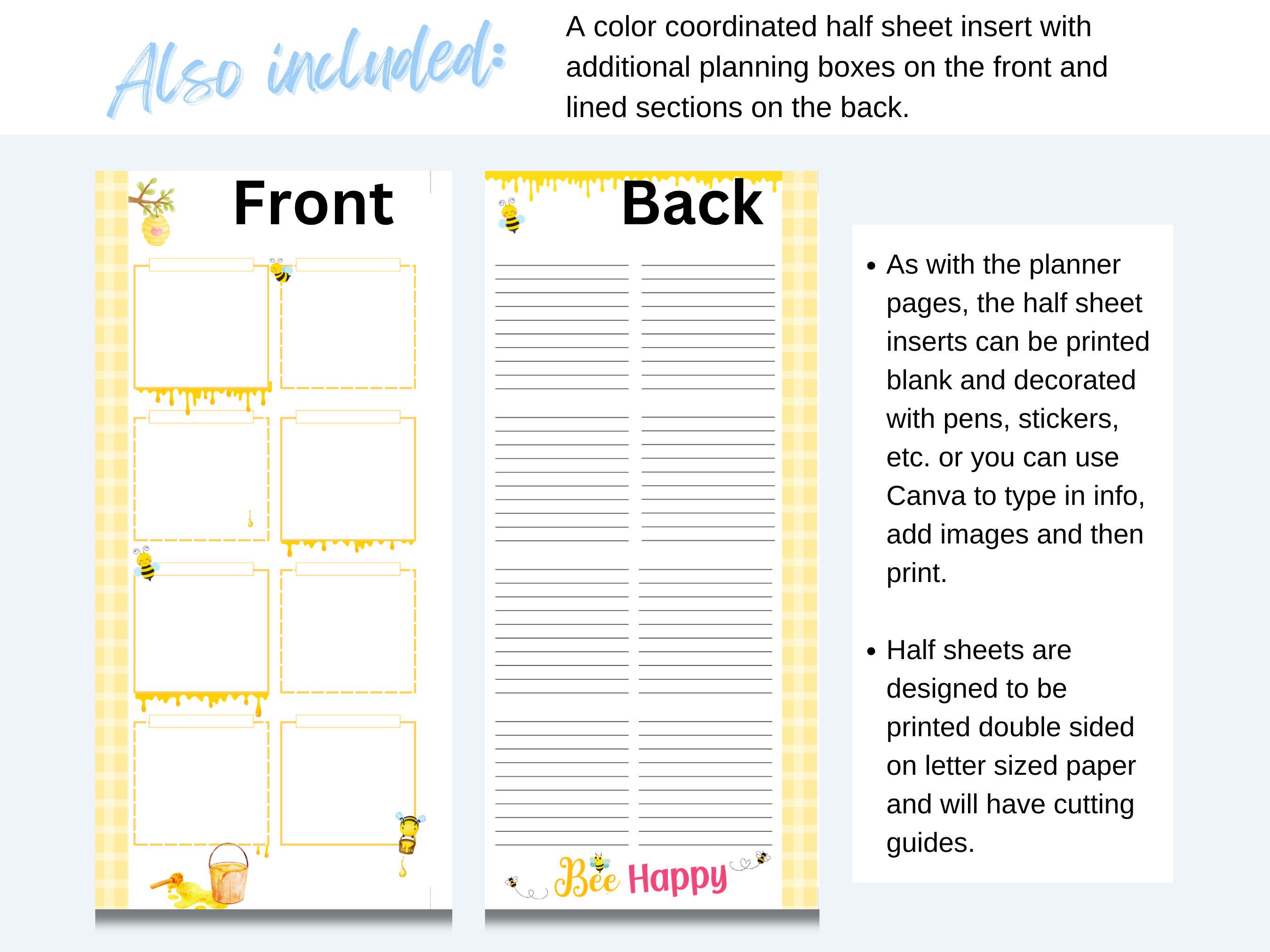 Bee Gnomes Weekly Planner Insert; 2 Page Dashboard Layout for HP ...