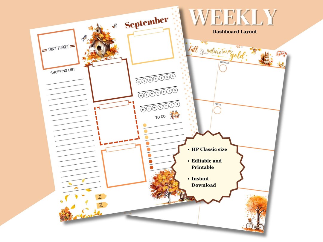 Autumn Leaves Weekly Planner Insert; 2 Page Dashboard Layout for HP ...