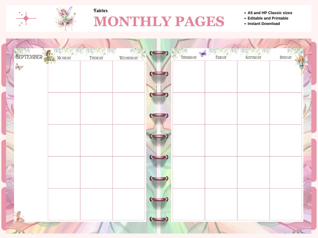 Fairies Monthly Planner Insert, 2 Page Layout for A5 and HP Classic ...