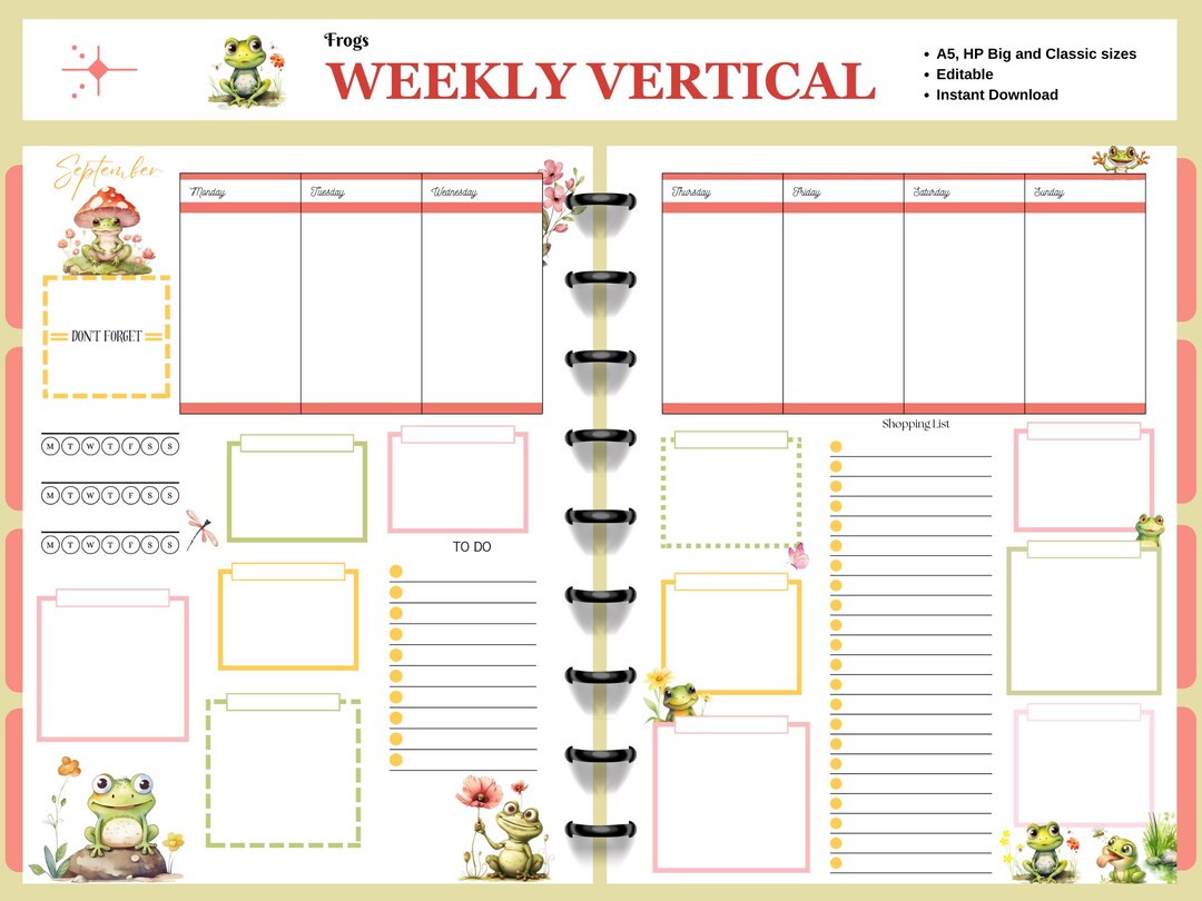 Frogs Weekly Planner Insert; 2 Page Vertical Layout; Sizes A5, Happy ...