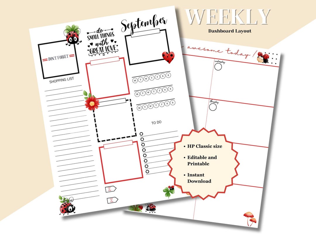 Ladybugs Weekly Planner Insert; 2 Page Dashboard Layout for HP Classic ...