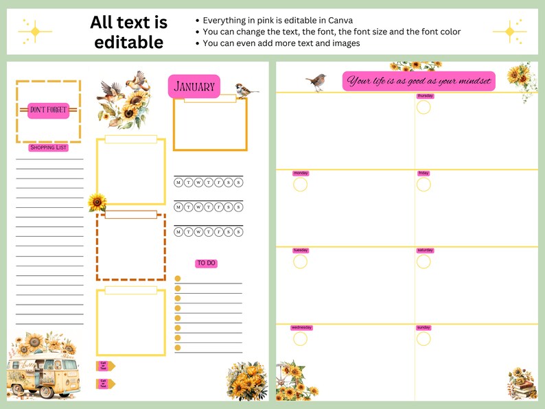 Sunflowers Weekly Planner Insert; 2 Page Dashboard Layout for A5 and HP ...