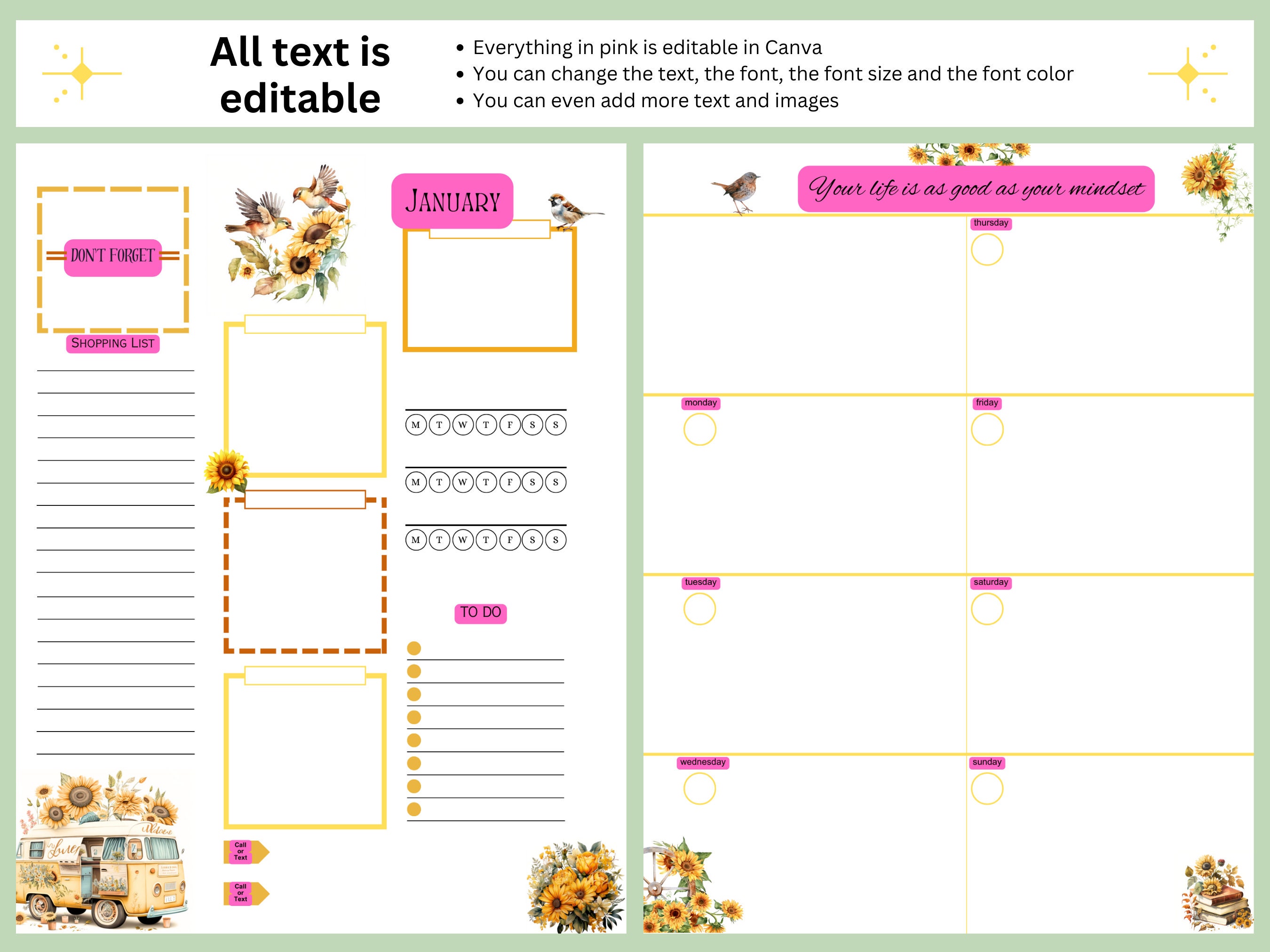 Sunflowers Weekly Planner Insert; 2 Page Dashboard Layout for A5 and HP ...